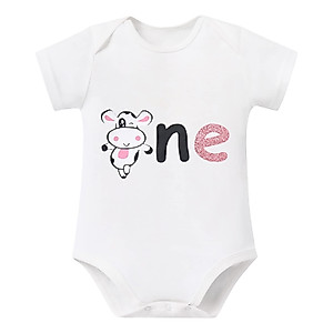 AWIBMK Baby Girl 1st Birthday Outfit Farm Cow Giraffe Romper Tutu Skirt Crown Headband Round Neck Animals Themed Cake Smash Photo Shoot Short Sleeve 3Pcs Clothes Set White + Pink Cow One 12-18M