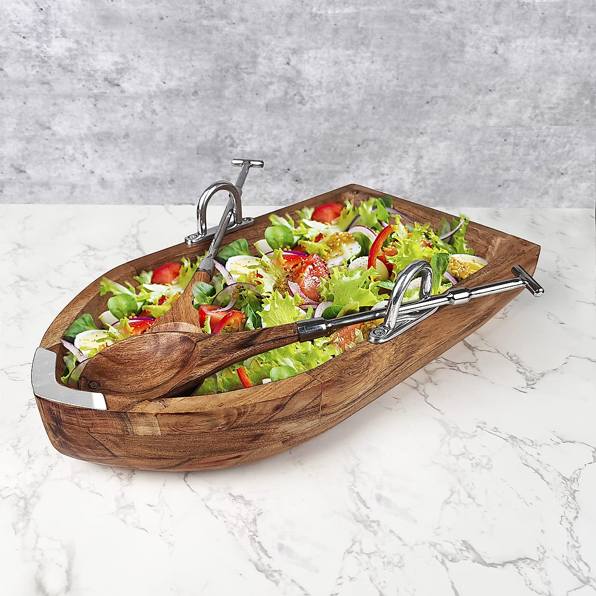 GUTE Rowboat Serving Bowl with a Pair of Wood Serving Utensils, Boat Salad Bowl approx. 16" L x 6" W x 5" H 50 fl. oz. Capacity (Wood with Oars)