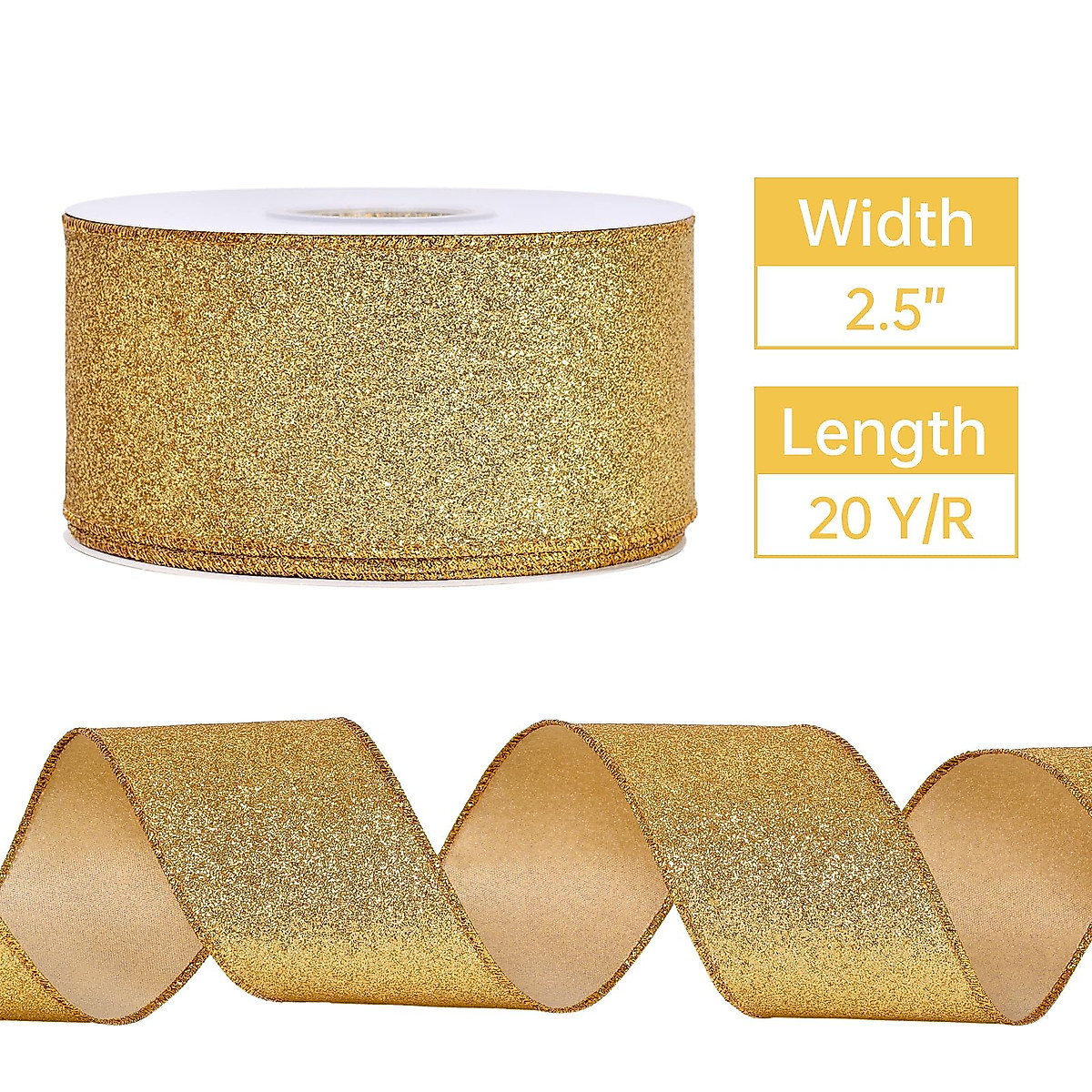 YAMA Glitter Wired Ribbon, Gold, 2-1/2 inch x 20 Yards, for Christmas, Gift Wrapping, Wreath, Crafts, Bow Making and Party Decoration