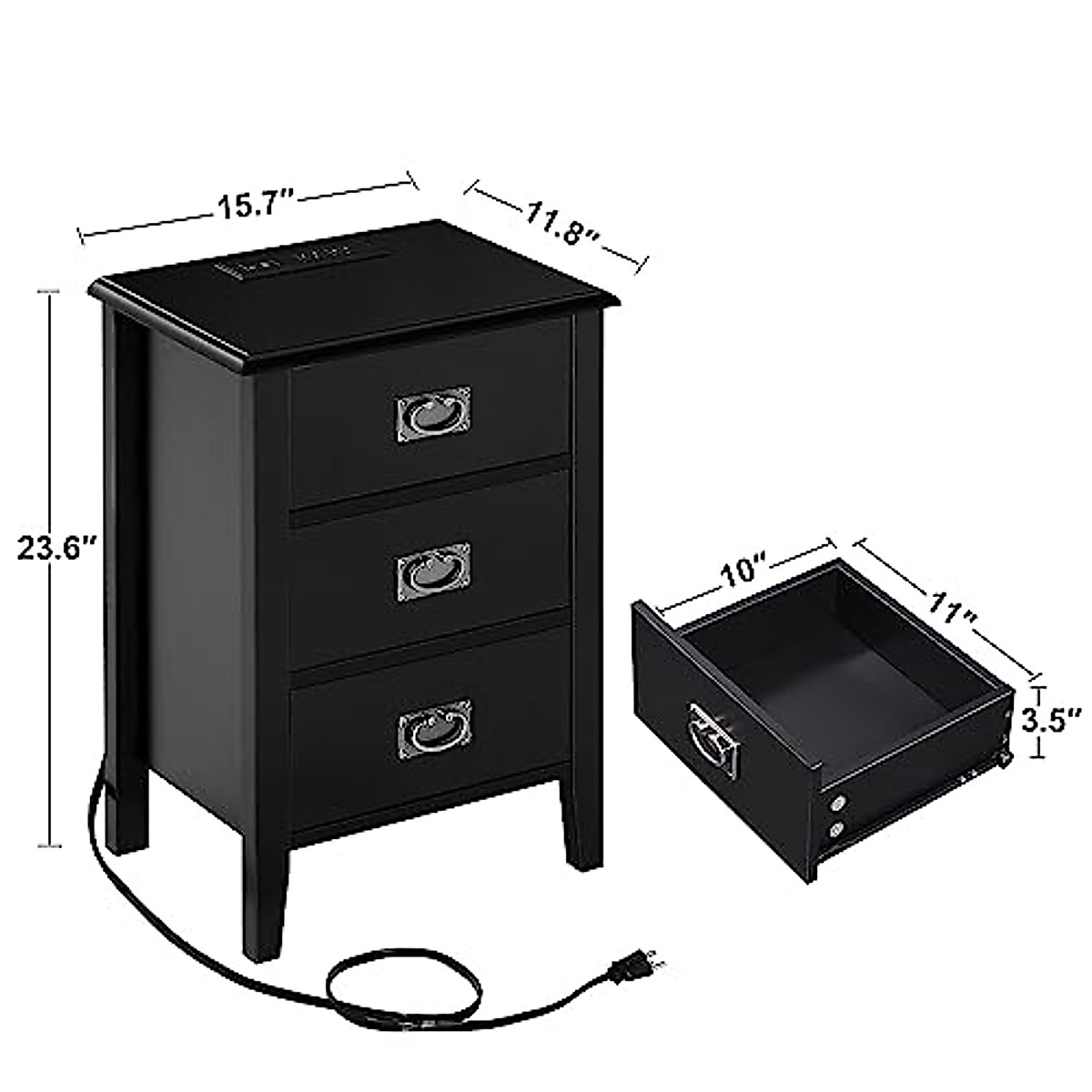 VECELO Nightstands Set of 2 with Charging Station End Bedside Tables with 3 Storage for Bedroom, Living Room, Vintage Accent Furniture, Solid Wood Legs, Three Drawers, Black