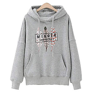 Ruhiku GW Hoodie, Womens Long Sleeve Cactus Print Hoodie Sweatshirt Hooded Pullover Tops Blouse (Gray B with Feather, XL)