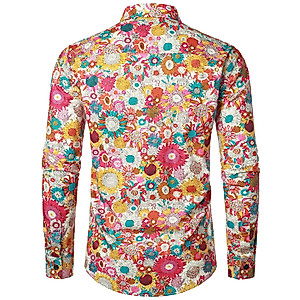 JOGAL Mens Floral Dress Shirt Long Sleeve Casual Button Down Printed Flower Shirts Beige Multicolor Large