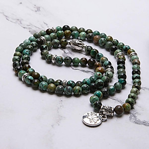 Bivei 108 Mala Beads Necklace Beaded Wrap Bracelets Genuine Gemstone Mala Prayer Beads Lotus Charm Yoga Meditation Necklace - African Turquoise