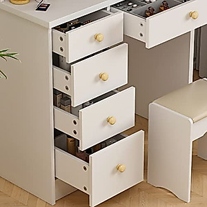 AGOTENI Makeup Vanity Set Dresser Desk with 5 Drawer and Shelf Round Mirror with Touch Screen and Light Vanity Set with Cushioned Stool for Bedroom, White