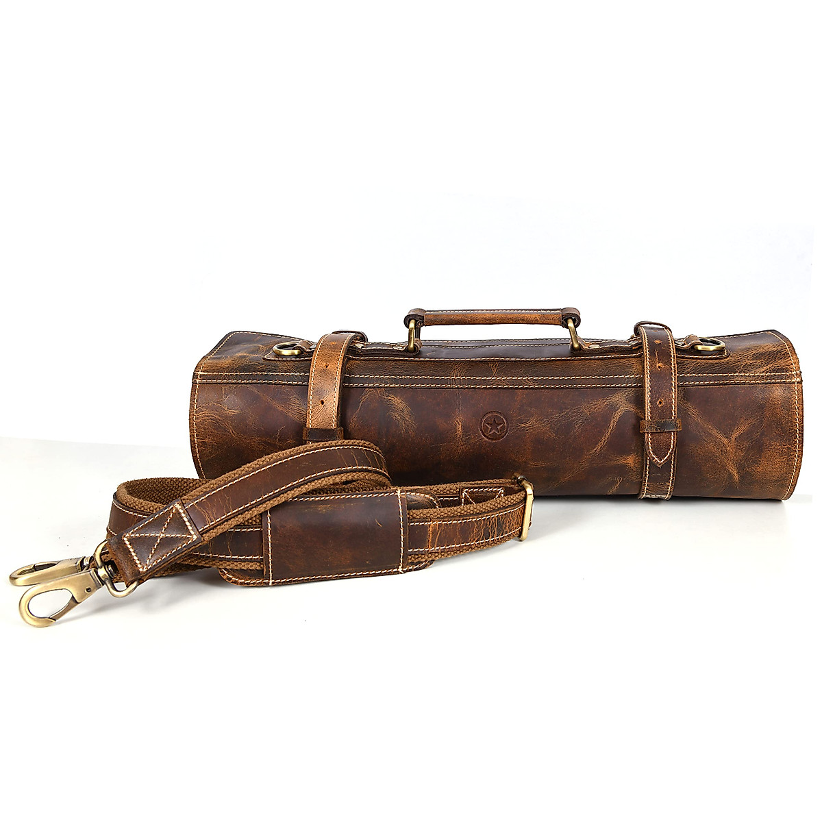 Aaron Leather Goods Vendimia Estilo Leather Knife Roll Storage Bag, Elastic and Expandable 10 Pockets, Adjustable/Detachable Shoulder Strap, Travel-Friendly Chef Knife Case Roll (Caramel, Leather)