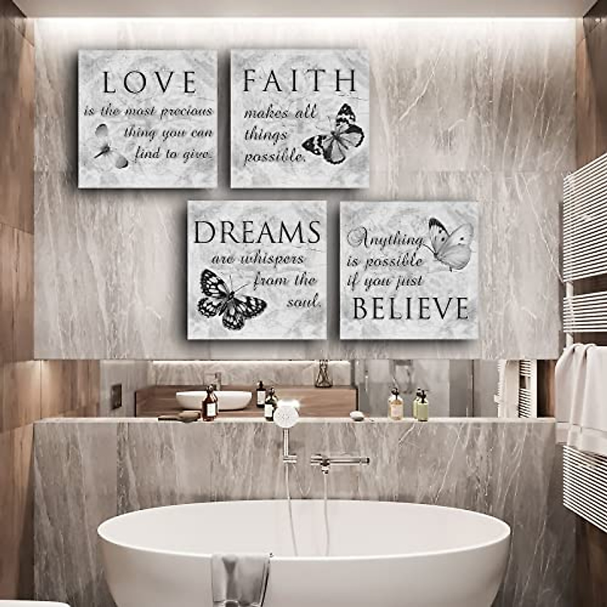 Canvas Wall Art Butterfly Grey Inspirational Quotes Love Dream Faith Believe Bathroom Bedroom Wall Decor Posters Picture Prints (12x12inch, Grey)