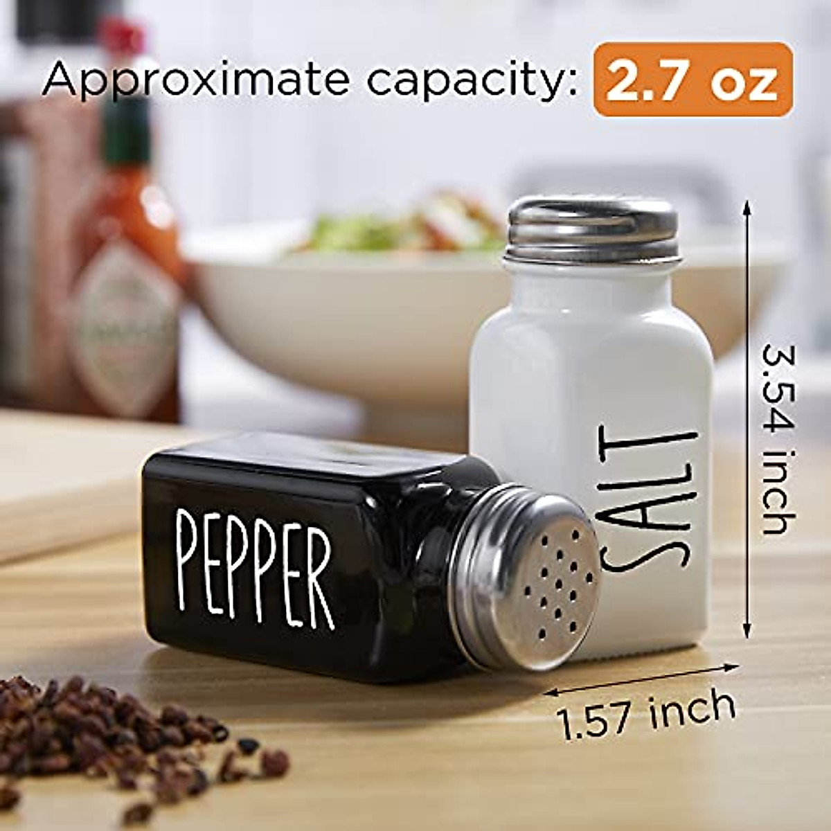 Bivvclaz Salt and Pepper Shakers Set, Cute Glass Spice Shaker with Stainless Steel Lid, Black and White Kitchen Table Decor and Accessories for Counter, for Kitchen Wedding Gifts, 2.7oz Each