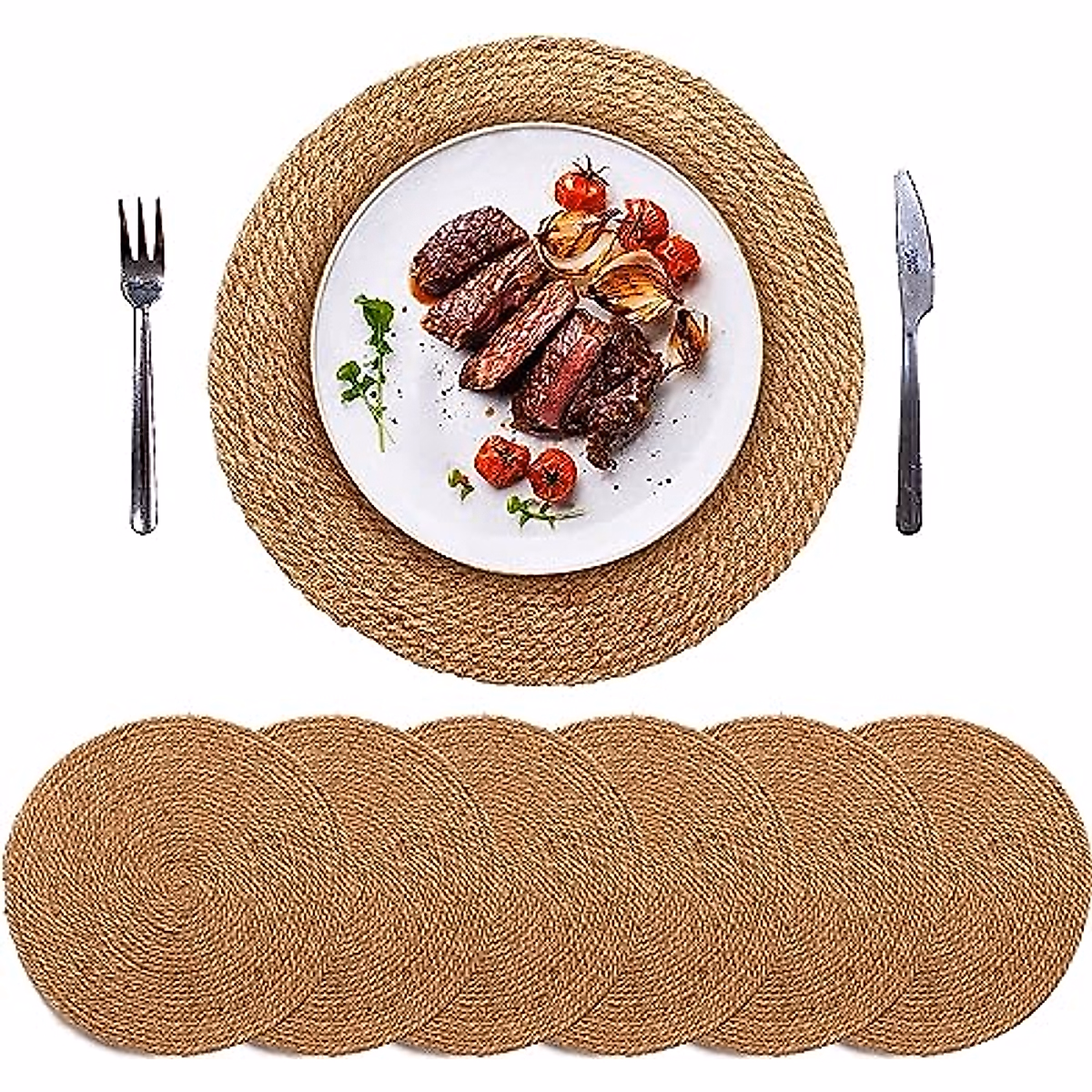 Defined Deco Round Jute Placemats Set of 6,12" Handmade Round Placemats,Woven Braided Placemats,Natural Farmhouse Place Mats,Jute Thick Hot Pads,Rustic Table Mats for Dining Table Decor,Home,Wedding.