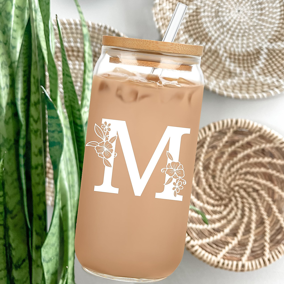 Personalized Tumbler, Monogrammed Can Glass Cups with Bamboo Lids and Straws, Customized Gifts for Women, Cute Design Initial Iced Coffee glasses, Custom Letter Mug, Birthday Bridesmaid, A