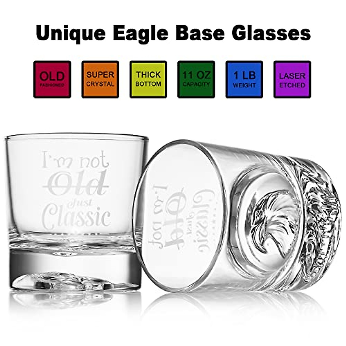 Whiskey Gift for Men - I'm Not Old Just Classic, Unique Eagle Pattern Whiskey Glasses With 2.5" Large Ice Ball Maker Mold, Mens Retirement Gifts Dad Birthday Gifts from Wife Daughter Son Kids