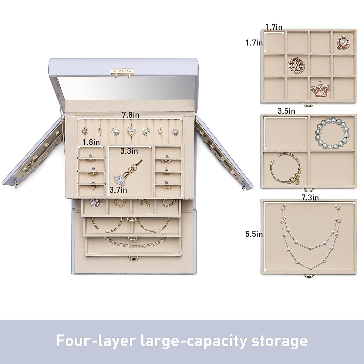 Vlando Velvet Jewelry Organizer Box for Women, Large Leather Jewelry Storage Box with Locked, Mirrored, 3 Drawer for Watch Necklace Ring Earring Storage, Gift for Girl Women and Mom - Purple