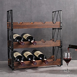 RedCall Wine Rack Freestanding,3 Tier Stackable Wine Bottle Holder Organizer,12 Bottles Wine Storage Shelf,Liquor Rack for Countertop,Solid Wood & Iron Rustic Style Liquor Cabinet