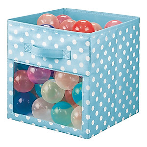 mDesign Fabric Nursery/Playroom Closet Storage Organizer Bin Box, Front Handle/Window for Cube Furniture Shelving Unit, Hold Toys, Clothes, Diapers, Bibs, 2 Pack, Turquoise Blue/White Polka Dot