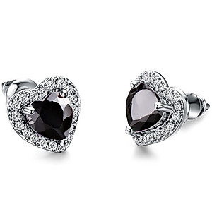 Platinum Plated Heart Shaped Cubic Zircon Solitaire Style Wedding Statement Party Stud Earrings (Silver Black)