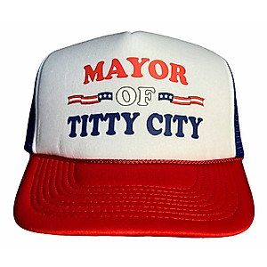 Mayor of Titty City Snapback Trucker Hat for Men or Women, Vintage Fit with Funny Novelty Graphic, Custom Mesh Cap Red/White/Blue