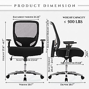 Big and Tall Office Chair 500lbs, Heavy Duty Ergonomic Mesh Chair, Computer Executive Desk Chair with Wide Thick Seat, 4D Armrests, Adjustable Lumbar Support and Tilt-Black