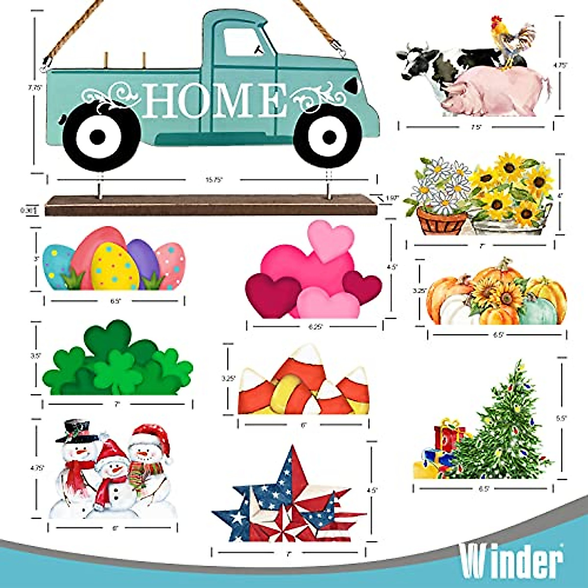 Winder Welcome Sign & Home Sign for Front Door 2-Side Rustic Red Truck Decor with 10-PC Interchangeable Holiday Icons for Spring Easter 4th of July Fall Harvest Halloween Christmas Seasonal Wall Hanging & Table Decorations(2-Side Red Truck)