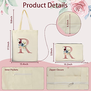 Binggemen Initial Canvas Tote Bag with Zipper Pockets,Personalized Totes for Women Bridesmaids Teacher,Cosmetic Makeup Bag,Monogrammed Gifts for Wedding Birthday (Letter R)