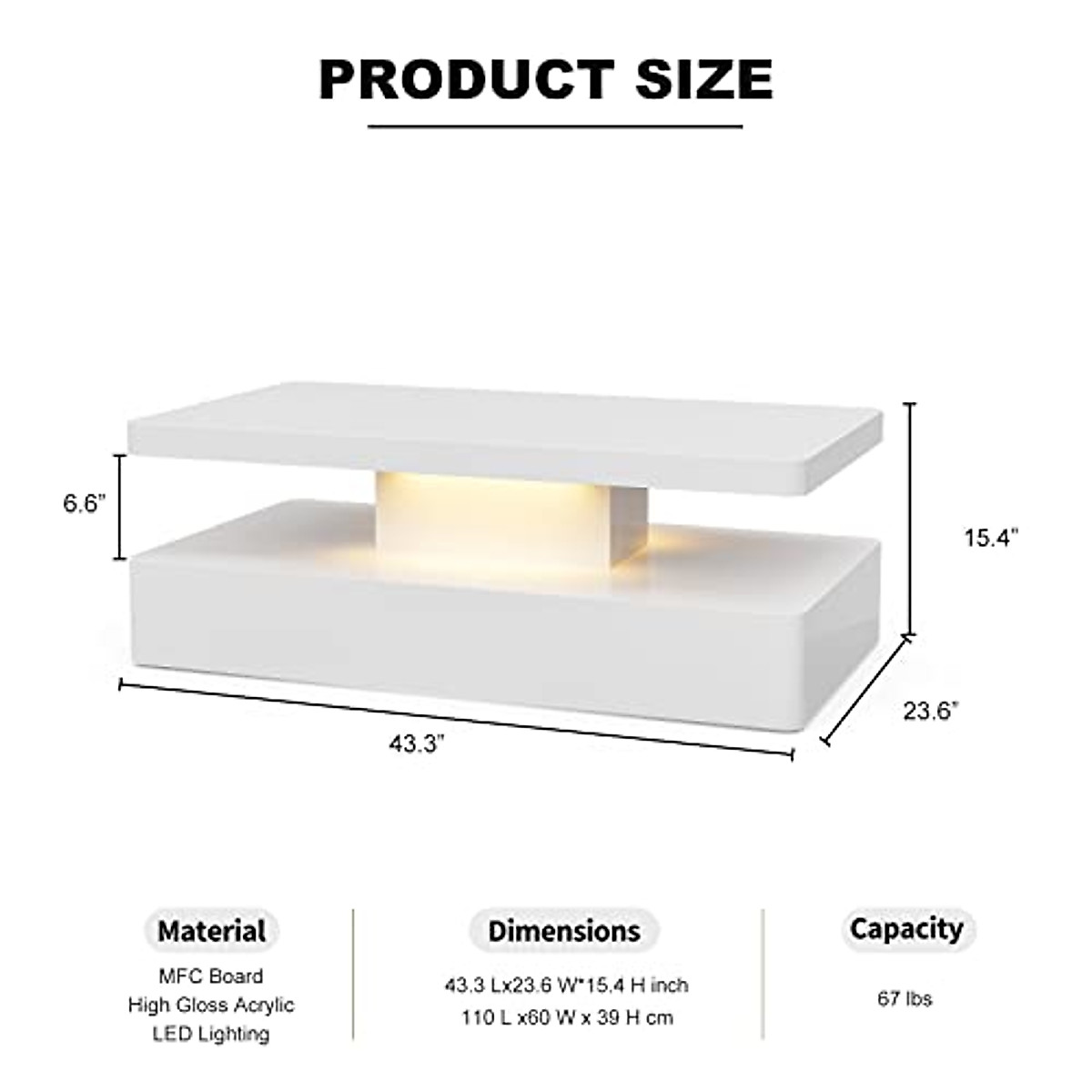 IKIFLY Modern High Glossy White Coffee Table with 16 Colors LED Lights, Contemporary Rectangle Design Living Room Furniture, 2 Tiers