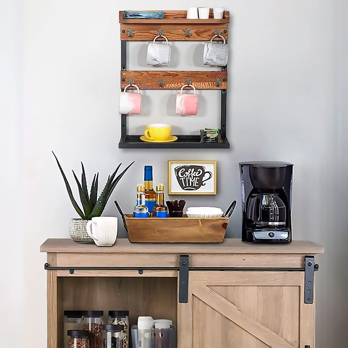 X-cosrack Countertop Coffee Mug Holder Rack 2 Tier Wall Mount Coffee Cup Holder Stand with 8 Hooks and Storage Shelf,Display Organizer Rack for Home Kitchen, Rustic Brown