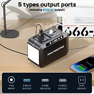 MARBERO Portable Power Station 120W Peak Camping 30000mAh Portable Power Bank with AC Outlet, USB QC3.0, LED Flashlights for CPAP Home Office Camping Emergency Backup