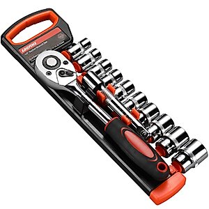 Egofine 12pcs 1/2 Inch Ratchet Socket Wrench Set, Drive Socket Set with 10 Sockets 10-15,17,19,22,24mm and 2 Way Quick Released Ratchet Handle and Extension Bar