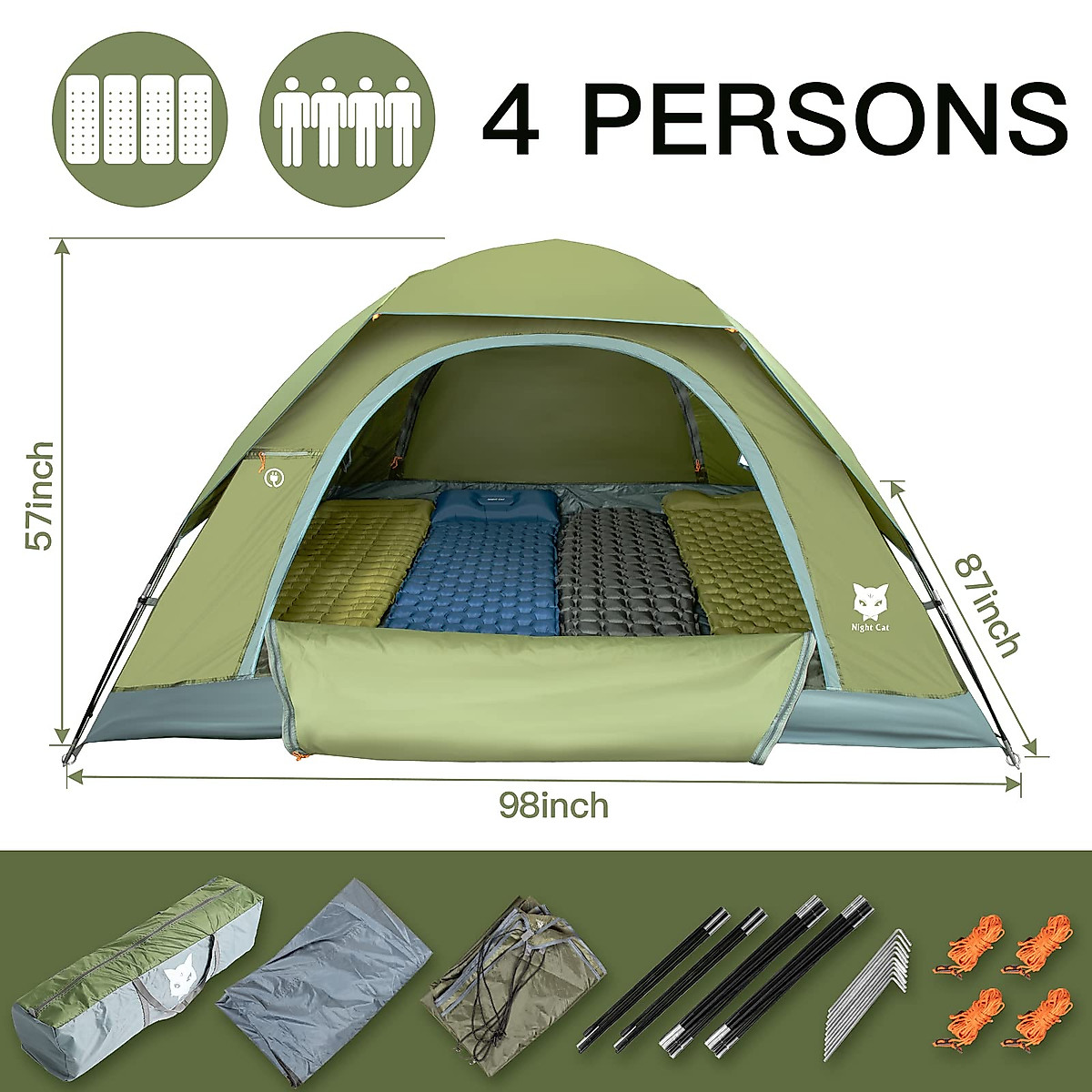 Night Cat Camping Tents 1 2 3 4 Persons with Unique Rainfly Backpacking Tent Easy Clip Setup Double Layers 2 Doors Waterproof Lightweight,3-4 Persons