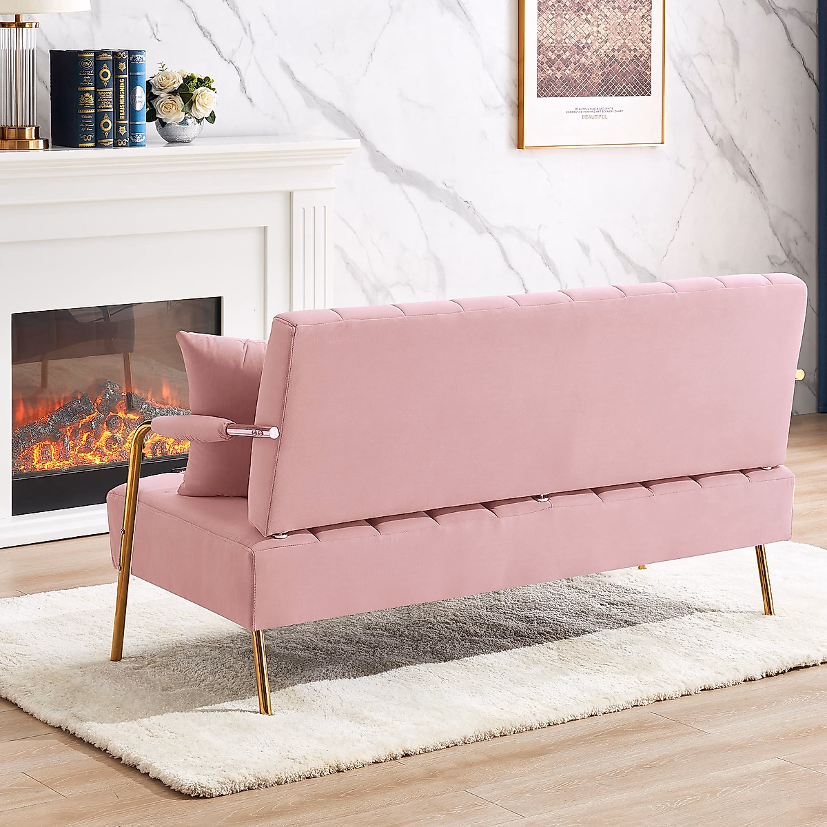 Pvillez Velvet Loveseat Modern Comfy Loveseat Sofa Couch for Living Room Upholstered Love Seats Furniture w/Gold Metal Legs loveseat for Small Spaces, Apartment, Bedroom, Dorm, Office (Pink Loveseat)
