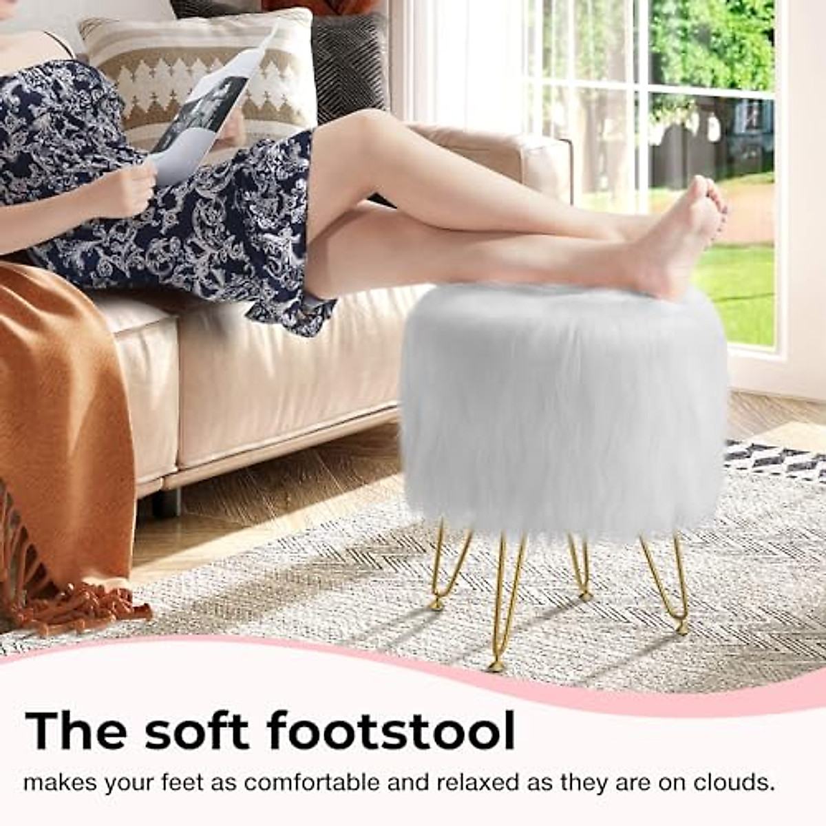 GREENSTELL Vanity Stool Chair with Storage, 13.5" W x 18" H Round Faux Fur Ottoman with 4 Metal Legs, Furry Padded Seat, Modern Multifunctional Makeup Stool for Bedroom Living Room White