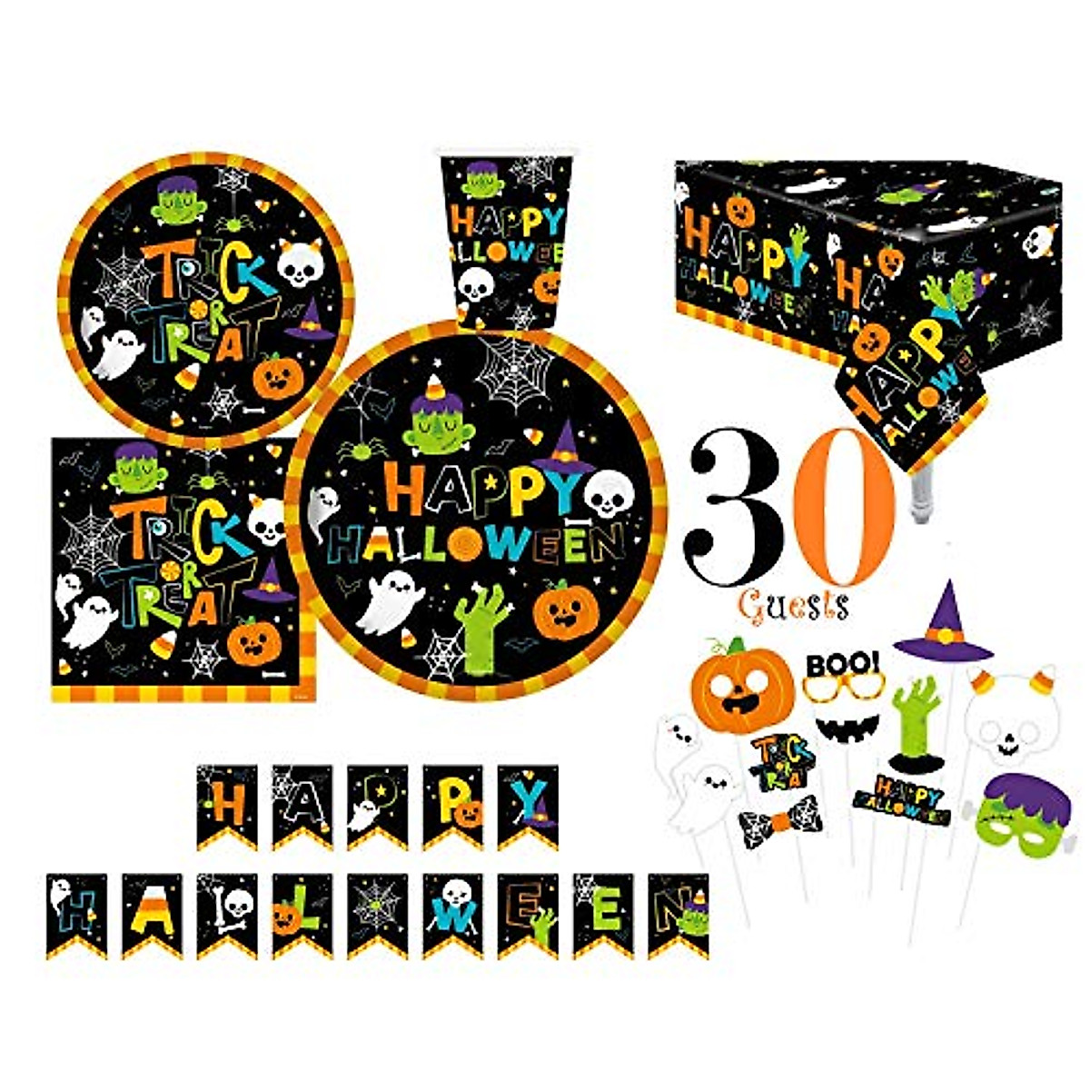 Serves 30 Complete Party Pack Cute Halloween Monsters and Ghosts 9" Dinner Paper Plates 7" Dessert Paper Plates 9 oz Cups 3 Ply Napkins 2 Table Cover Halloween Banner Halloween Party Decorations Halloween Party Supplies