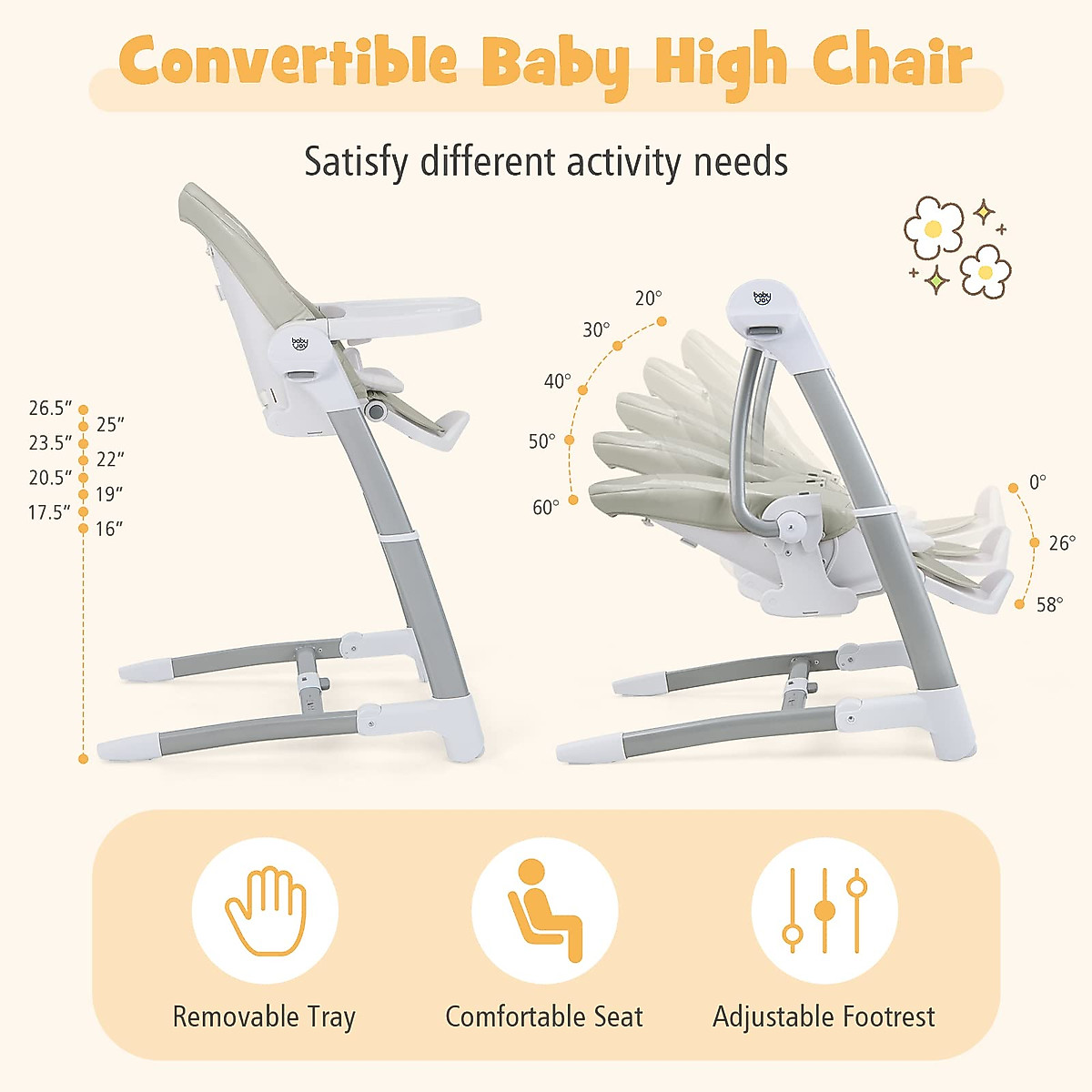 BABY JOY Baby Swings for Infants, 3 in 1 Foldable High Chair w/ 8 Adjustable Height, 5-Position Backrest, 3 Timer Settings, 12 Melodies and 5 Natural Sounds, Booster Seat for Dining Table (Gray)