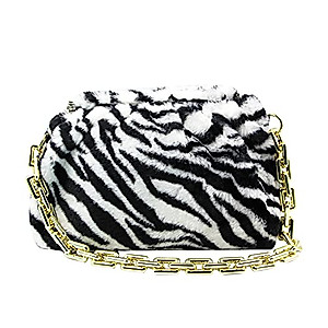 Amamcy Women Fashion Dumpling Bag Faux Fur Fuzzy Purse Cloud Handbag Fluffy Shoulder Bag with Alloy Shoulder Strap Zebra Cow Print