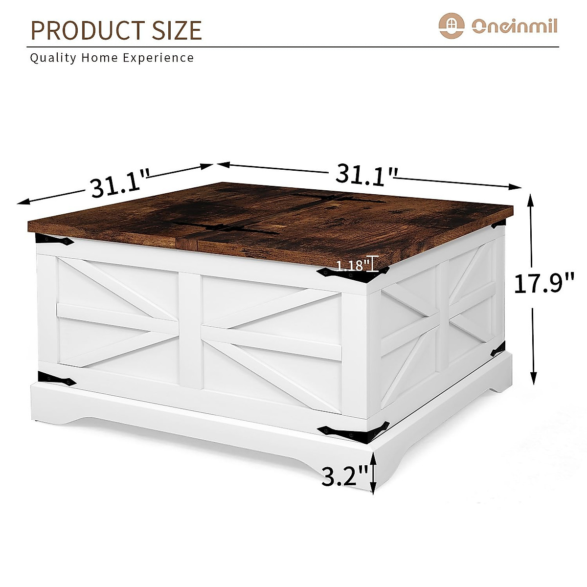 oneinmil Modern Farmhouse Coffee Table, Square Wood Center Table with Large Storage Space, Metal Corners, Z Shape, White