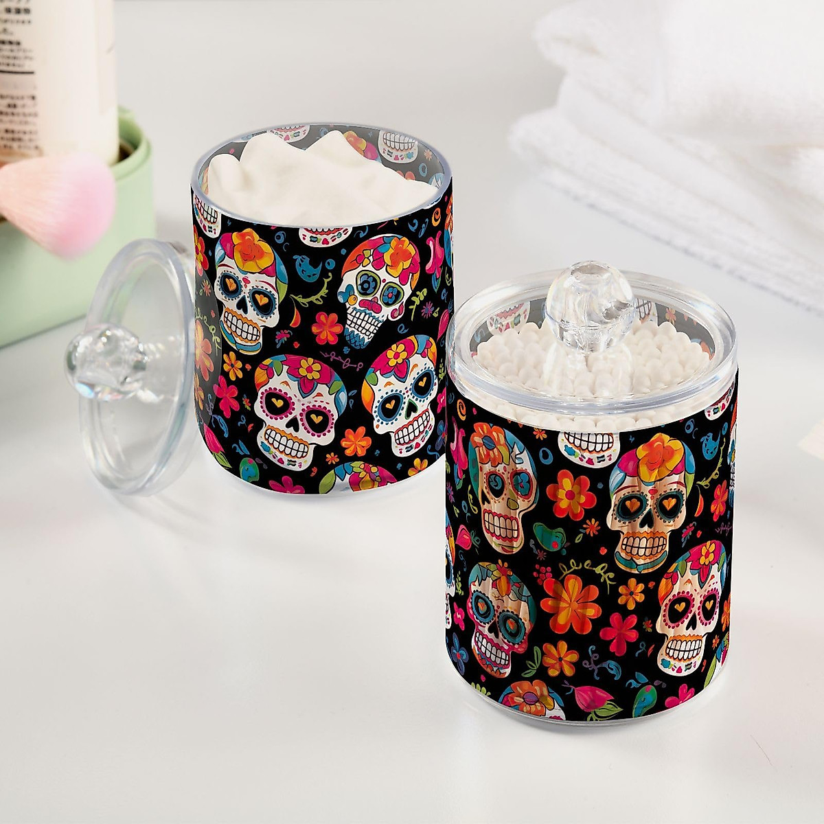 Day Of The Dead Skull Flowers Qtip Holder 2Packs Cotton Ball Holder Bathroom Organizer Dispenser Plastic Jar Apothecary Jars with Lids for Vanity Floss Cotton Pad Swab Room Home Decor