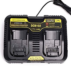 Lilocaja DCB102BP 2-Port Jobsite Charger Station Replacement for Dewalt 20V Max Battery Charger DCB102 DCB112 DCB104, Compatible with Dewalt 12V/20V Li-ion Battery DCB206 DCB606, with 2 USB Ports