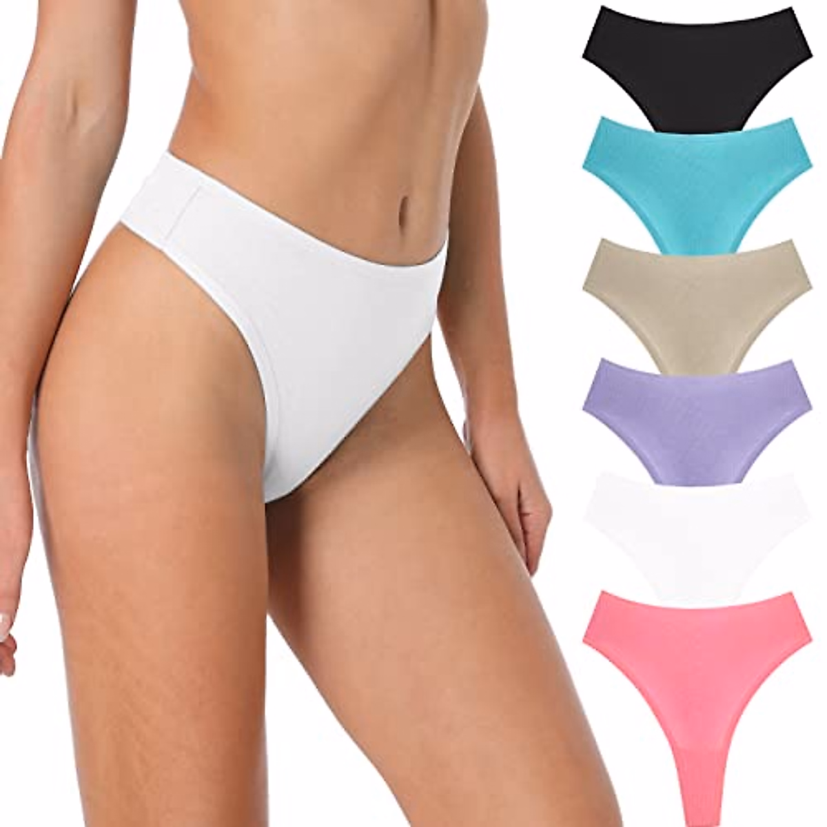 Umiehary 6 Pieces Ribbed Cotton Women High Cut Stretch T Back Thongs Active Panties Size XLarge