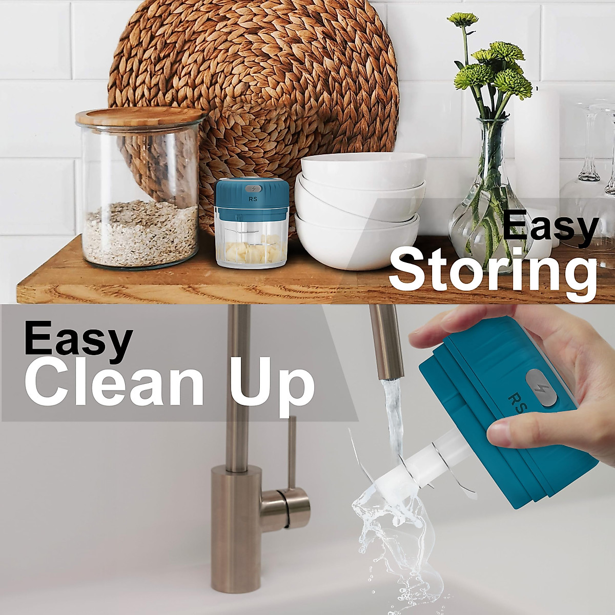 Real Simple Electric Mini Food Processor | Great for Garlic, Onion, Ginger, Jalapeño, Mini Chopper for Quick Food Prep Station | Portable USB Charging, 250 ML Food Container | Blue