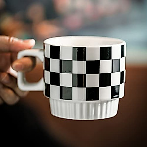 Miamolo Stackable Coffee Mug Set of 4 with Rack 11 oz Tea Cup Set with Tea Spoon Perfect for Coffee, Tea, Cocoa, Milk Chessboard Black and White Pattern Coffee Mug as Christmas Gifts