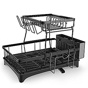 vikiciy Dish Rack Dish Drying Rack Dish Racks for Kitchen Counter, Drying Rack for Kitchen Counter 2 Tier Dish Rack with Auto-draining Tray for Kitchen with Utensil Holder, Cutting Board Holder