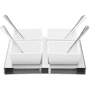 White Ceramic Appetizer Condiment Relish Serving Bowl Set of 4 With Spoons & Stainless Steel Tray (Modern Square)