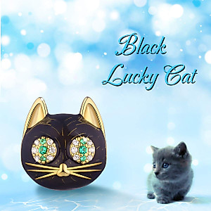 FOREVER QUEEN Black Cat Charm in 925 Sterling Silver with Black Enamel& 5A Zircon for Bracelet Necklace, Animal Head Bead Charm- Your Lucky Cat Women Men Boys Gifts