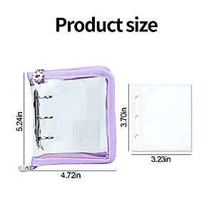MultiBey Transparent Mini Binder 3 Ring, Glitter PVC Zipper Binder 3.7'' x 5.2'' for Cards Photos with 20 Card Slots (Purple)