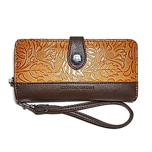 Stone Mountain Tooled Embossed SLG Wristlet Wallet, Cognac Brown