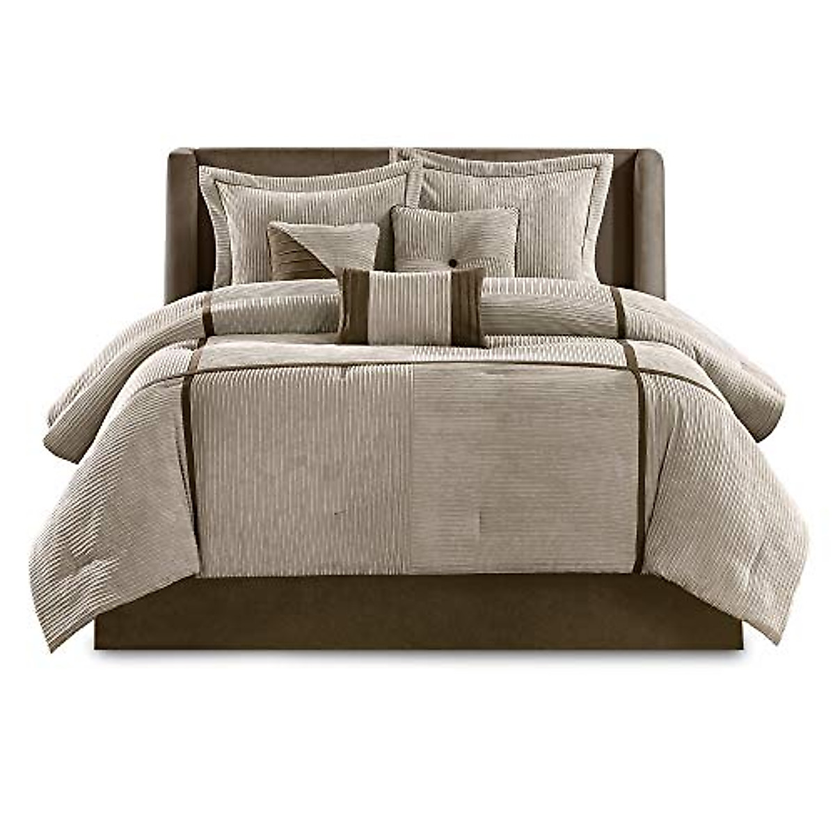 Madison Park Cozy Comforter Set Casual Blocks Design All Season, Matching Bed Skirt, Decorative Pillows, King (104 in x 92 in), Dallas Taupe/Brown, 7 Piece