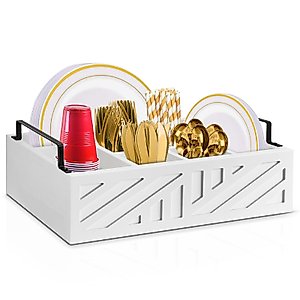 Ameuphercy Paper Plate Holder Utensil Caddy for Kitchen Counter，Paper Plate Dispenser with Large Cup Holder for Kitchen Counter, Paper Plate Organizer for Party,Wedding, BBQ(White-Carving)