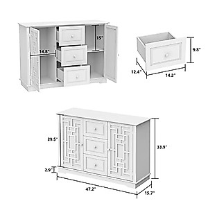 Homsee Modern Sideboard Kitchen Buffet Cabinet with 2 Glass Doors, 3 Drawers & 4 Storage Compartments, Wood Cupboard Console Table TV Stand for Living Room, White (47.2”W x 15.7”D x 33.8”H)