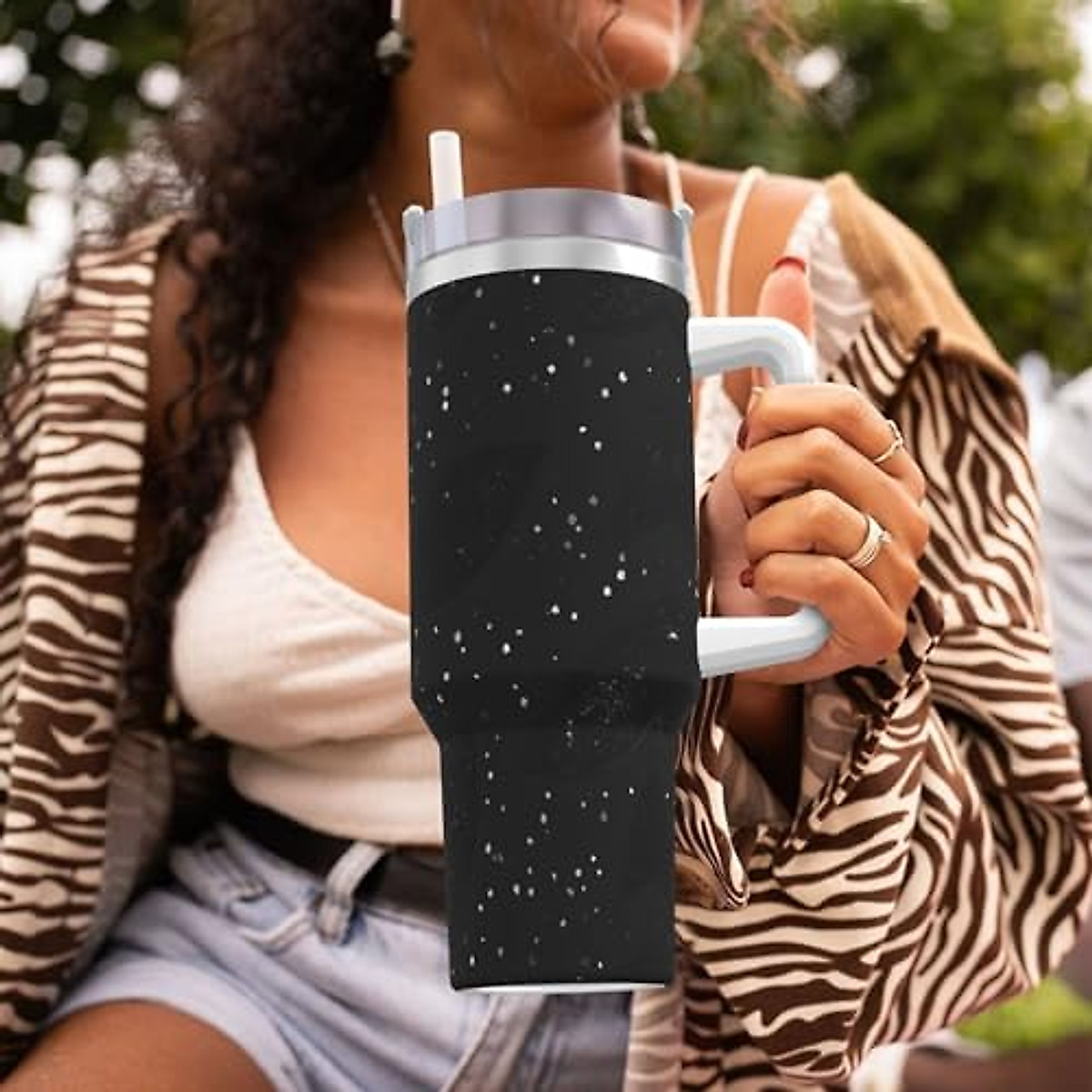 HULIBIN Black Shimmering Print Double Deck Stainless Steel Travel Coffee Cup With Lid 40 Oz Ice Bully Cup