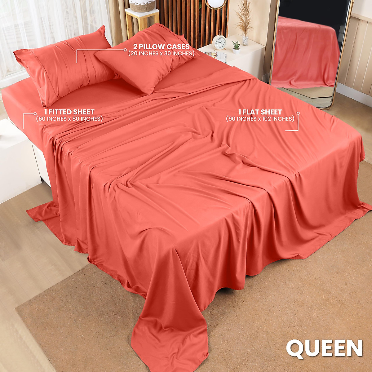 Utopia Bedding Queen Bed Sheets Set - 4 Piece Bedding - Brushed Microfiber - Shrinkage and Fade Resistant - Easy Care (Queen, Coral)
