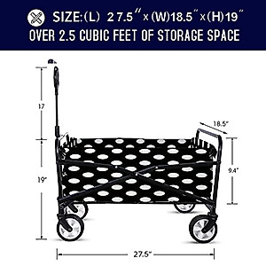 Collapsible Wagon Cart Black and White Polka dot Foldable Utility Wagon Large Capacity Garden Cart with Push Bar for Beach Camp Outdoor Shopping
