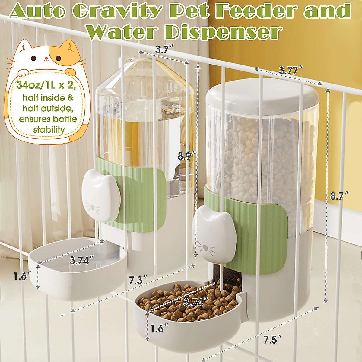 34oz Hanging Automatic Cat Food Water Dispenser, 1L Auto Gravity Pet Feeder and Water Dispenser Set,Cage Cat Dog Food and Water Dispenser for Kitten Puppy Bunny Guinea Pig (Green)